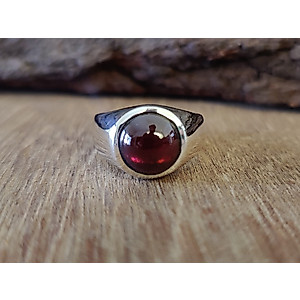 Mens Women Natural Garnet Ring, 10 MM Round Shape Gemstone, 925 Solid Sterling Silver Ring, 22k Gold fill, Signet Ring, Bohemian Ring, Statement Ring, Gift Ring (925 Solid Silver, 8)