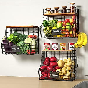 Fruit Basket for Kitchen with Wood Lid - Counter&Wall Mounted Onion and Potato Storage with Nameplate, Stackable Storage Basket, Hanging Metal Wire Baskets Kitchen Countertop Organizer Pantry 3 Pack