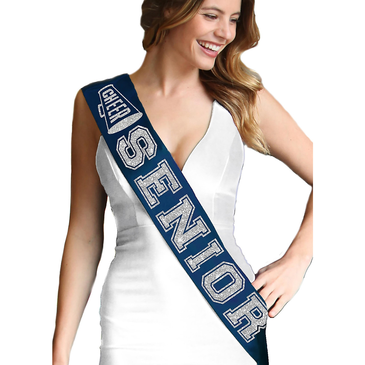 Navy Blue Cheer Senior Sash - Silver Glitter Cheer Senior Navy Blue Premium Grade Satin Sash - Senior Night Supplies for Cheerleaders - Navy Blue Satin (SLV Cheer)