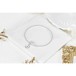 AeraVida Always Stylish and Vintage Inspired Sterling Silver Peace Sign or Symbol Beaded Elastic Stretch Fit Bracelet | Unisex Bracelets| Peace Sign Bracelet | 10mm Bracelets