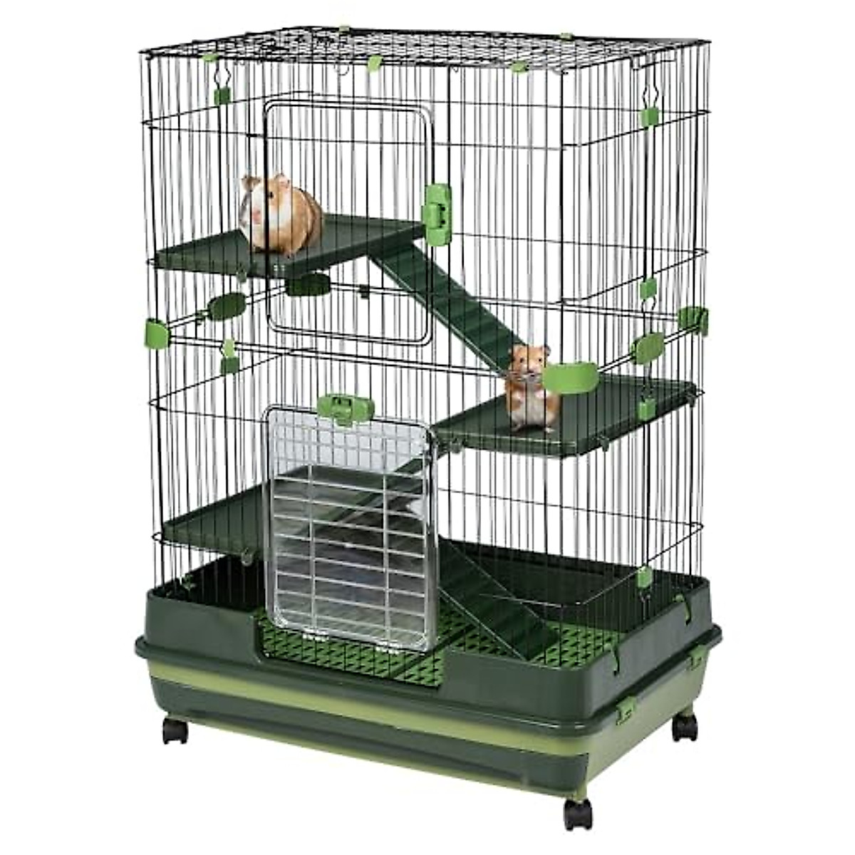 4-Tier Animal Metal Cage Small Cat Cage Height Adjustable Rabbits Cage with Lockable Casters, Pull-Out Tray Fits Rabbits, Chinchillas, Ferrets, Guinea Pigs, Squirrels, Hedgehogs (Green)