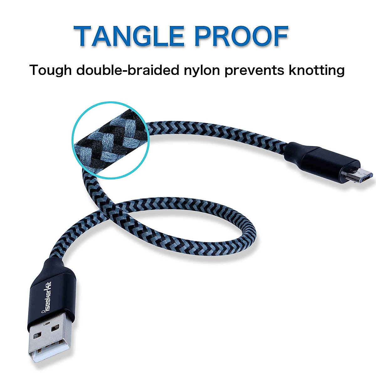 iSeekerKit Short Micro USB Cable 1Ft Nylon Braided Fast USB Charging Cord Compatible for External Battery Charger, Samsung, HTC, LG, Android and More [3 Pack] (Black)