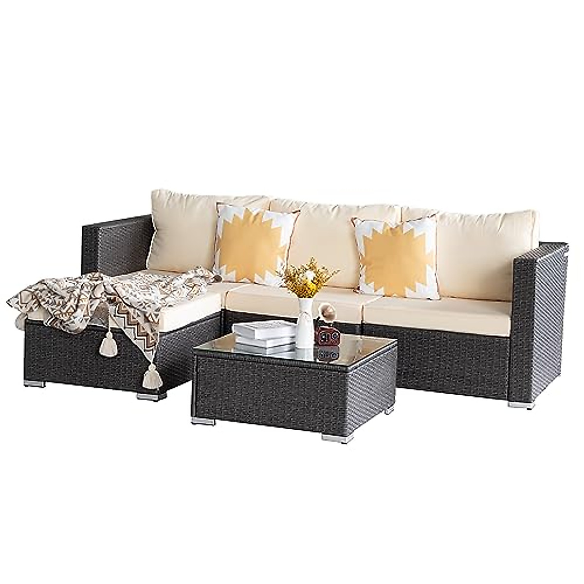 PAOLFOX 5 Piece Patio Furniture Sets,Patio Conversation Sets,Wicker Patio Furniture,Rattan Outdoor Furniture,Patio Sofa,Deck Furniture Brown/Beige