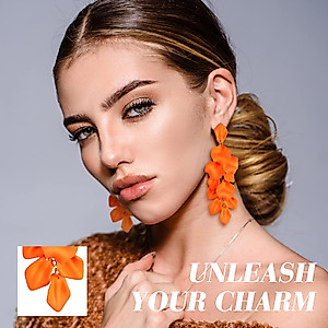 6 Pairs Long Acrylic Rose Petal Drop Dangle Earrings Bohemian Resin Multicolored Flower Statement Floral Tassel Earrings Layered Floral Petal Earrings for Women Bridal Prom Gifts (Long Style)