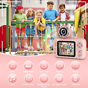 Kids Camera Girls for 3 4 5 6 7 8 9 Years Old Girls,1080P HD Video Selfie Camera with 32G SD Card Kids Digital Camera Toys for Toddler Christmas Birthday Gifts Pink
