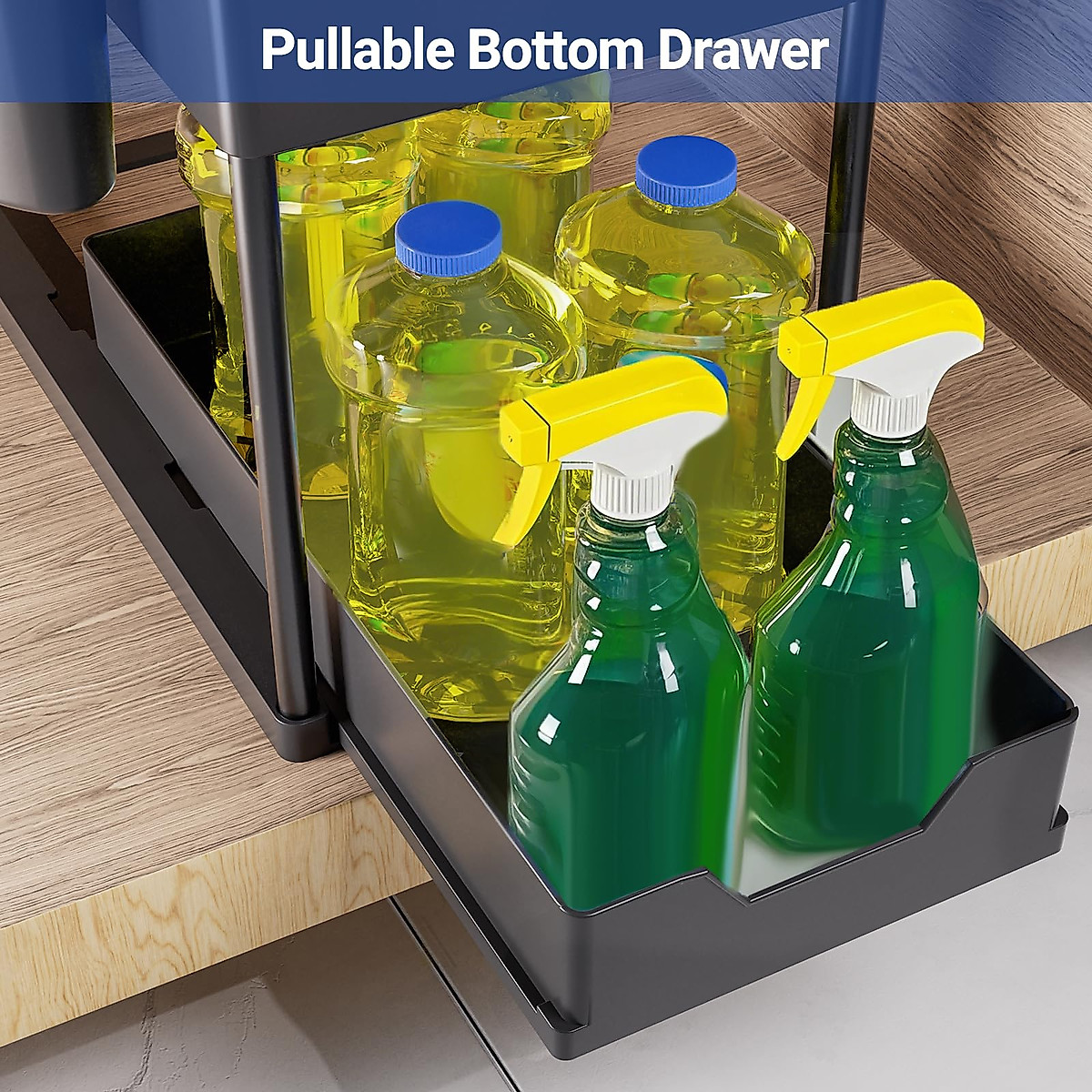 Puricon 2 Pack Under Sink Organizers and Storage Pull Out Sliding Drawer, 2 Tier Multi-purpose Kitchen Under the Sink Organizer Under Bathroom Sink Shelf Storage Rack for Countertop Laundry -Black