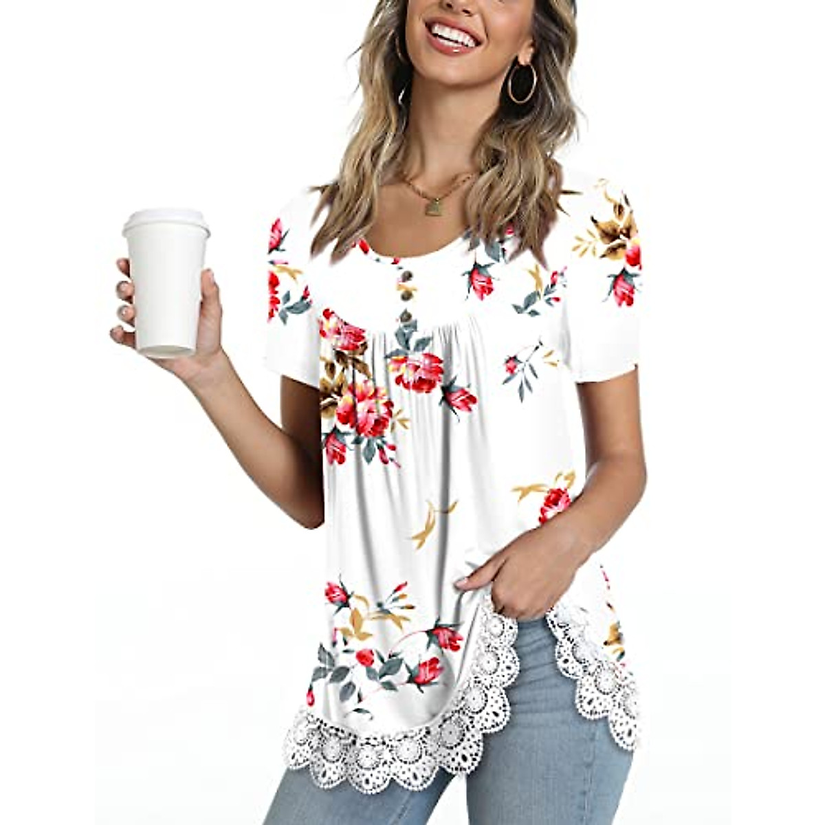 POPYOUNG Women's 2023 Spring-Summer Casual Short Sleeve Tunic Tops Ruffle Button Loose Blouse Lace Hem T-Shirts L, Floral White