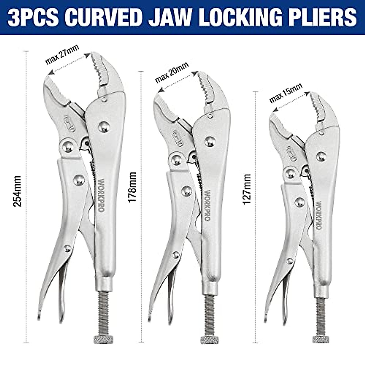 WORKPRO 5-Piece Locking Pliers Set, Pliers Tool Set, Vice Grips with Chrome-vanadium Steel, 5/7/10 inch Curved Jaw Pliers, 6.5/9 inch Long Nose Pliers