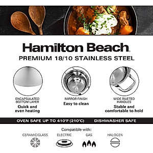 Hamilton Beach 4QT Stainless Steel Belly Design Dutch Oven Pot with Glass Lid and Stay-Cool Riveted Handles, Multipurpose Stewpot Skillet, Compatible with All Stove Tops, Oven & Dishwasher Safe
