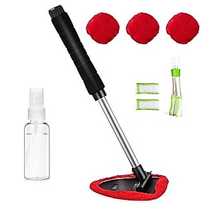 Windshield Cleaning Tool, Car Window Cleaner Windshield Cleaner with Extendable Long Handle and 3 Washable Reusable Microfiber Cloth, Mini Duster Cleaner and Brush
