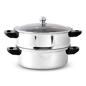 KSJONE Heavy Duty Stainless Steel 3 Piece Steamer Pot Set Includes 4 Quart Cooking Pot, 4 Quart Steamer Insert and Vented Glass Lid, Stack and Steam Pot Set for All Cooking Surfaces