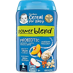 Gerber Cereal for Baby 2nd Foods Power Blend Cereal, Probiotic Oatmeal Lentil Peach & Apple Cereal, Non GMO with Whole Grains & Plant Protein, 8 OZ Canister (Pack of 3)