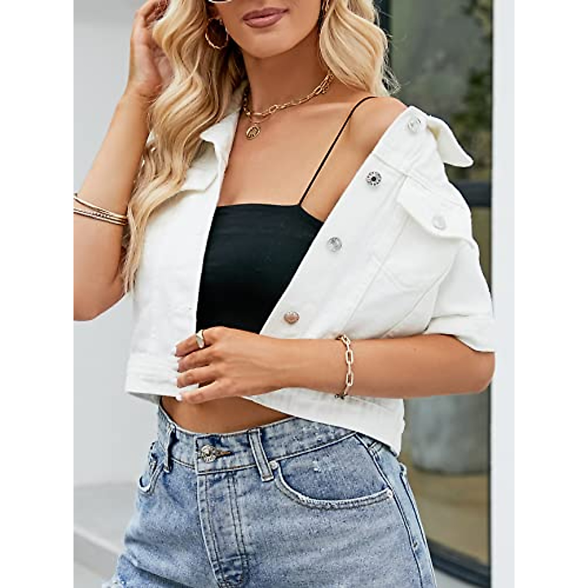 Ladyful Womens Cropped Denim Jacket Short Sleeve Button Down Casual Distressed Jean Jacket Outerwear