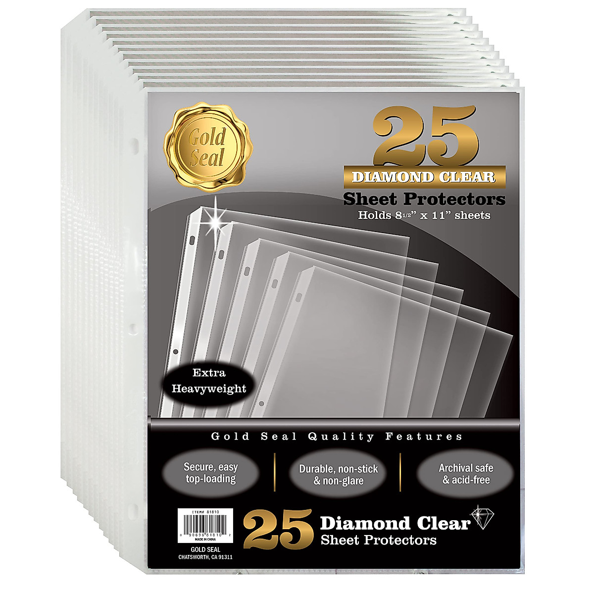 25 Count Diamond Clear Extra Heavyweight Sheet Protectors, 4 mils Strong, by Gold Seal, 8.5 x 11", Top Load, 25 Pack