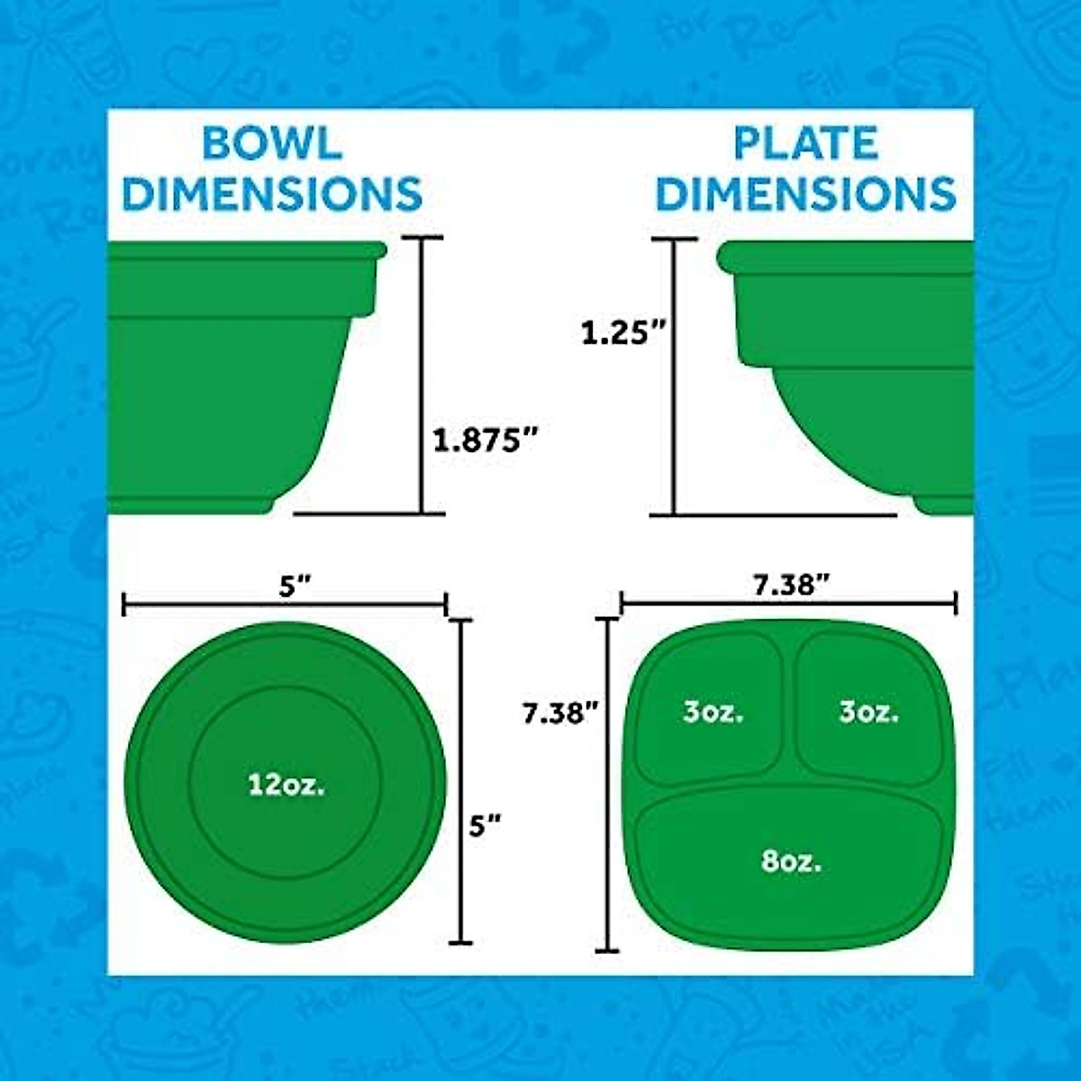 Re-Play Made in USA 4pk Starter Dining Set of 2 Divided Plates with 2 Matching Bowls in Sky Blue and Lime Green - Made from Environmentally Friendly Heavyweight Recycled Milk Jugs