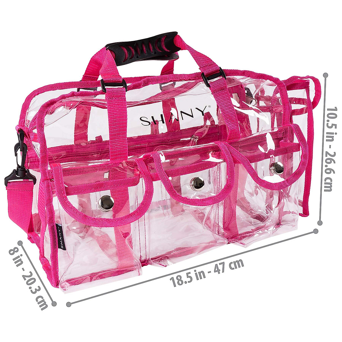 SHANY Clear PVC Makeup Bag - Large Professional Makeup Artist Rectangular Tote with Shoulder Strap and 5 External Pockets - PINK