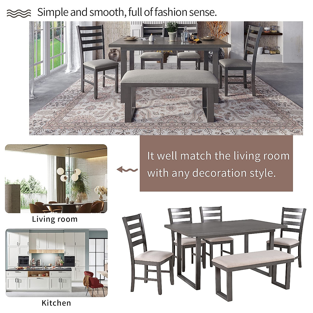Rhomtree 6 Piece Dining Table Set with Bench, Wood Kitchen Table Set with Table and 4 Chairs, Family Furniture Set of 6 (Gray)