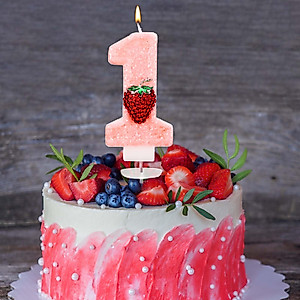 Strawberry Number 1 Candle, Cute Berry Number One Candle Strawberry Theme Cake Topper Decor Supplies for First Birthday Wedding Party Baby Shower Decoration