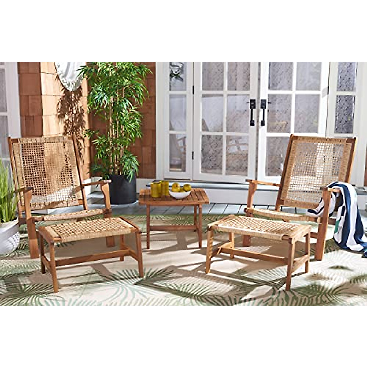 Safavieh Outdoor Collection Chantelle Acacia Wood/Light Brown Woven Rattan 5-Piece Patio Set PAT7076A, Natural/Natural