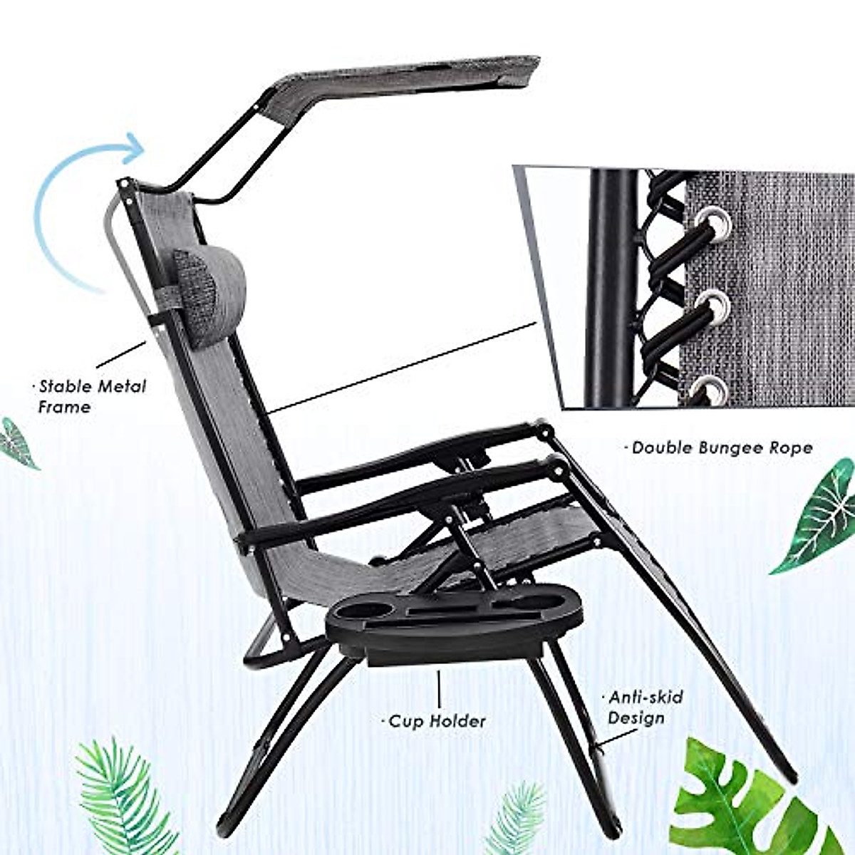 Homall Zero Gravity Chair Patio Lawn Chair Lounge Chair Folding Recliner Adjustable Outdoor with Canopy Shade,Cup Holder (Grey)