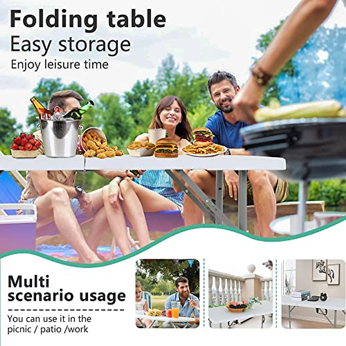 FDW Folding Table 4FT Picnic Table Adjustable Height Plastic Table Camping Table Office Table for Home Office Party Picnic