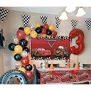 Car Racing Themed Backdrop and Tablecloth 70x42in Cartoon Cars Mobilization Birthday Party Decor Supplies Banner Background (5X3FT), Red