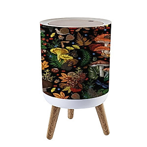 Small Trash Can with Lid for Bathroom Kitchen Office Diaper Seamless mushrooms plants insects berries Fly chanterelles white Bedroom Garbage Trash Bin Dog Proof Waste Basket Cute Decorative