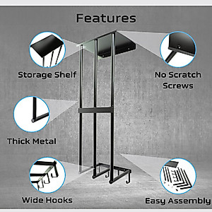 Bagulet Camping Chair Wall Storage for Garage, Metal Rack Organizer with Floating Shelf and 4 Utility Hooks, Stainless Steel Mount Holder System for Umbrella Yoga Mat Folding Beach Seats, Black