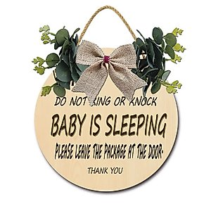 Weytff Baby Sleeping Sign For Front Door Funny Baby Sleeping Hanging Sign Plaque, Do Not Knock Or Ring The Bell, Round Wooden Door Hanger For Baby Room, Nursery, Front Door, Door Knob Decor 11X11"