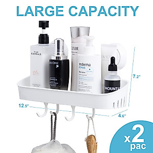 LEVERLOC Shower Caddy with 4 Hooks 2 Packs, Suction Cup Shower Shelf One Second Installation Hanging Shower Rack Removable & Reusable No Drilling Shower Caddy Suction Plastic Wall Mounted