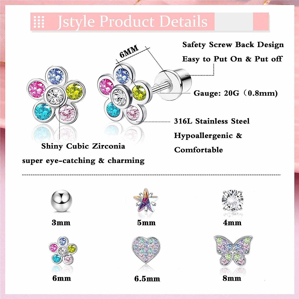 Jstyle 6 Pairs Hypoallergenic Screw Back Earrings for Women 316L Stainless Steel Stud Screwback Earrings Cute Tiny Pearl Heart Flower CZ Stud Earrings Set Multicolored Tone