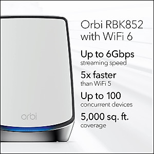 NETGEAR Orbi Whole Home Tri-band Mesh WiFi 6 System (RBK852) – Router with 1 Satellite Extender | Coverage up to 5,000 sq. ft., 100 Devices | AX6000 (Up to 6Gbps) , White