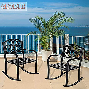 GIODIR Outdoor Patio Rocking Chair, Metal Rocking seat for for Deck, Backyard or Garden w/Scroll Design (Black)…