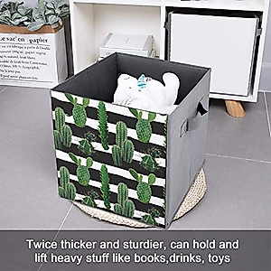 Cactus On Stripes Canvas Collapsible Storage Bins Cube Organizer Baskets with Handles for Home Office Car