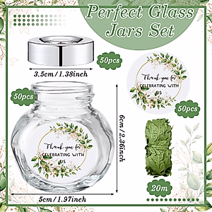 Skybooly 50 Pcs 1.5 oz Mini Glass Jars Small Candy Jars with Lids Green Leaf Ribbon and Labels Tiny Mason Jars Candy Containers for Wedding Party Favor Bridal Shower Gift Spice Honey Sugar Herb