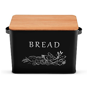 P&P CHEF Black Bread Box for Kitchen Counter, Metal Bread Storage Bin with Bamboo Cutting Lid, Large Capacity for Holding 2+ Loaves, Retro Modern Style, Size 13” x 7.2” x 9.7”
