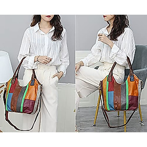 Segater Women Multi-color Handbag Genuine Leather Shoulder Bag Random Stitching Colorful Hobo Tote Satchel Travel Purse