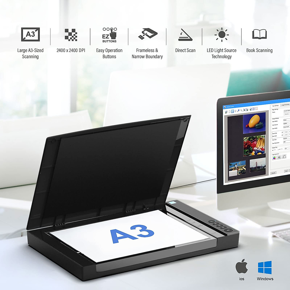 VIISAN 3240 A3 Large Format Flatbed Scanner, 2400 DPI, Scan 12"x 17" in 4 sec, Frameless, Auto-Scan, Document & Photo & Book Scanner, Design for Library, School and Soho. Supports Windows 11 & Mac