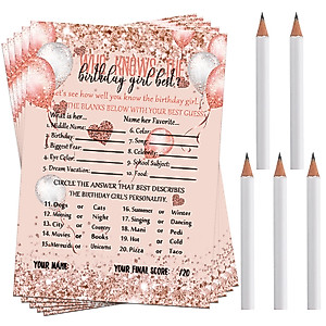 Leinuosen Who Knows The Birthday Girl Best Card, 50 Pcs Birthday Party Game Set Girly Pink Rose Gold Sprinkles Themed Birthday Cards with 10 Pre Pointed Pencils for Teen Girls Sweet Sleepover Party
