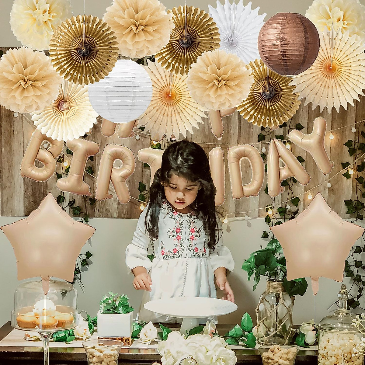Brown Birthday Party Decorations Rustic Natural Birthday Tan Brown Ivory Paper Fans Paper Pom Poms Flowers Happy Birthday Foil Balloons for Baby Shower Woodland Teddy Bear Birthday Party Decoration