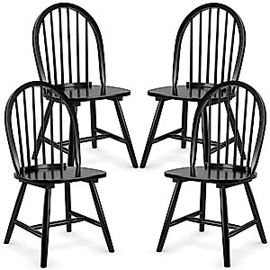 KOTEK Wood Dining Chairs Set of 4, Windsor Chairs with Spindle Back, Solid Wood Legs, Wide Seat, Farmhouse Armless Side Chairs for Living Room, Dining Room, Kitchen (Black)