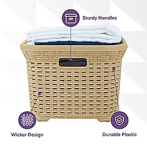 Designed Laundry Basket Plastic Storage Hamper Basket, Beige Cloths Basket Organizer with Cut-Out Handles. Space Saving for Laundry Room Bedroom Bathroom, Wicker Design 50 Liter
