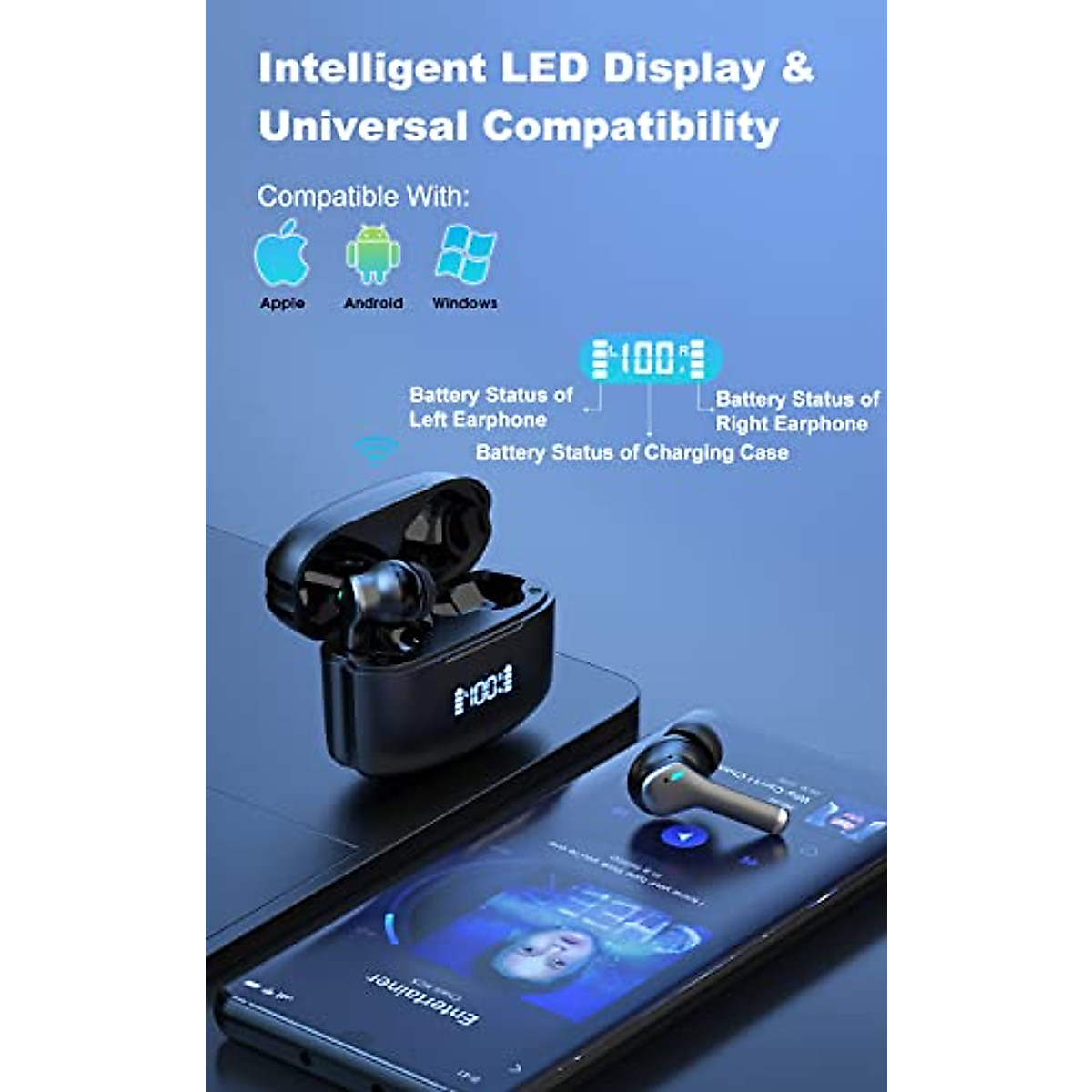 Wireless Earphones, Eranova Bluetooth Earbuds 4 Mics ENC Noise Canceling 30H Playtime IPX6 Waterproof Deep Bass Touch Control USB-C Fast Charge in-Ear Headphones for iPhone Android Sports Black