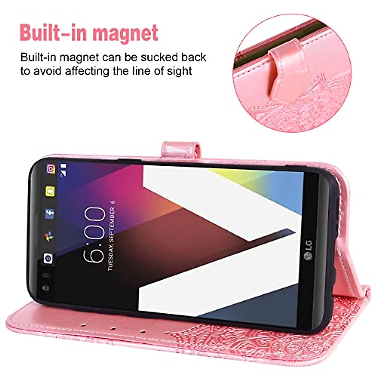 Compatible with LG V20 Wallet Case and Tempered Glass Screen Protector Leather Mandala Flower Flip Cover Credit Card Holder Stand Cell Accessories Phone Cases for LGV20 LG20 V 20 ThinQ Women Rose gold