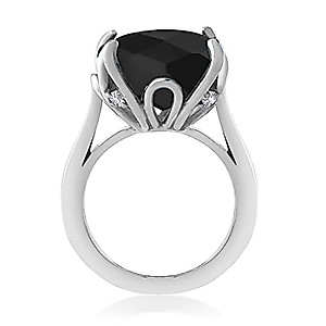 Gem Stone King 925 Sterling Silver Black Onyx and White Created Sapphire Engagement Ring For Women (8.27 Cttw, 14MM Cushion Checkerboard, Size 8)