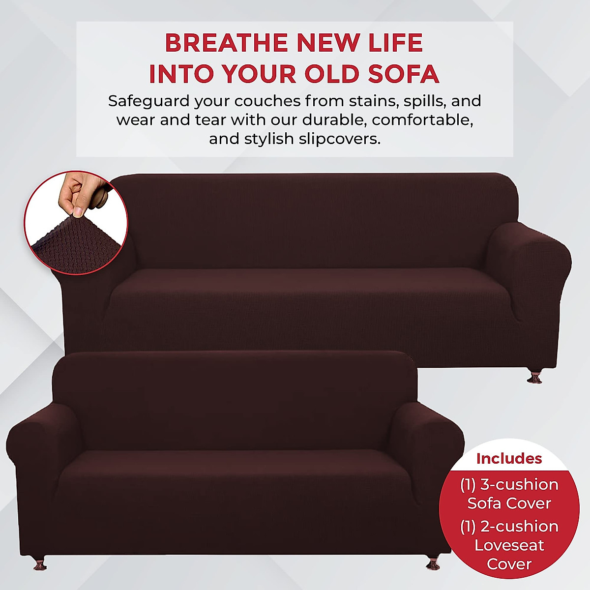 Sapphire Home 2-Piece Sofa and Loveseat Slipcovers, Couch and Loveseat Covers Set, Form fit Stretch, Wrinkle Free, Furniture Protector, Sofa Covers for Living Room, Polyester Spandex (Coffee)