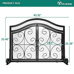 YITAHOME Folding Fireplace Screen with Doors, 50.39x32.28in Large Flat Guard Indoor Fireplace Screens Solid Wrought Iron Frame with Metal Furnace Fireguards Safe Spark Protector for Living Room, Black