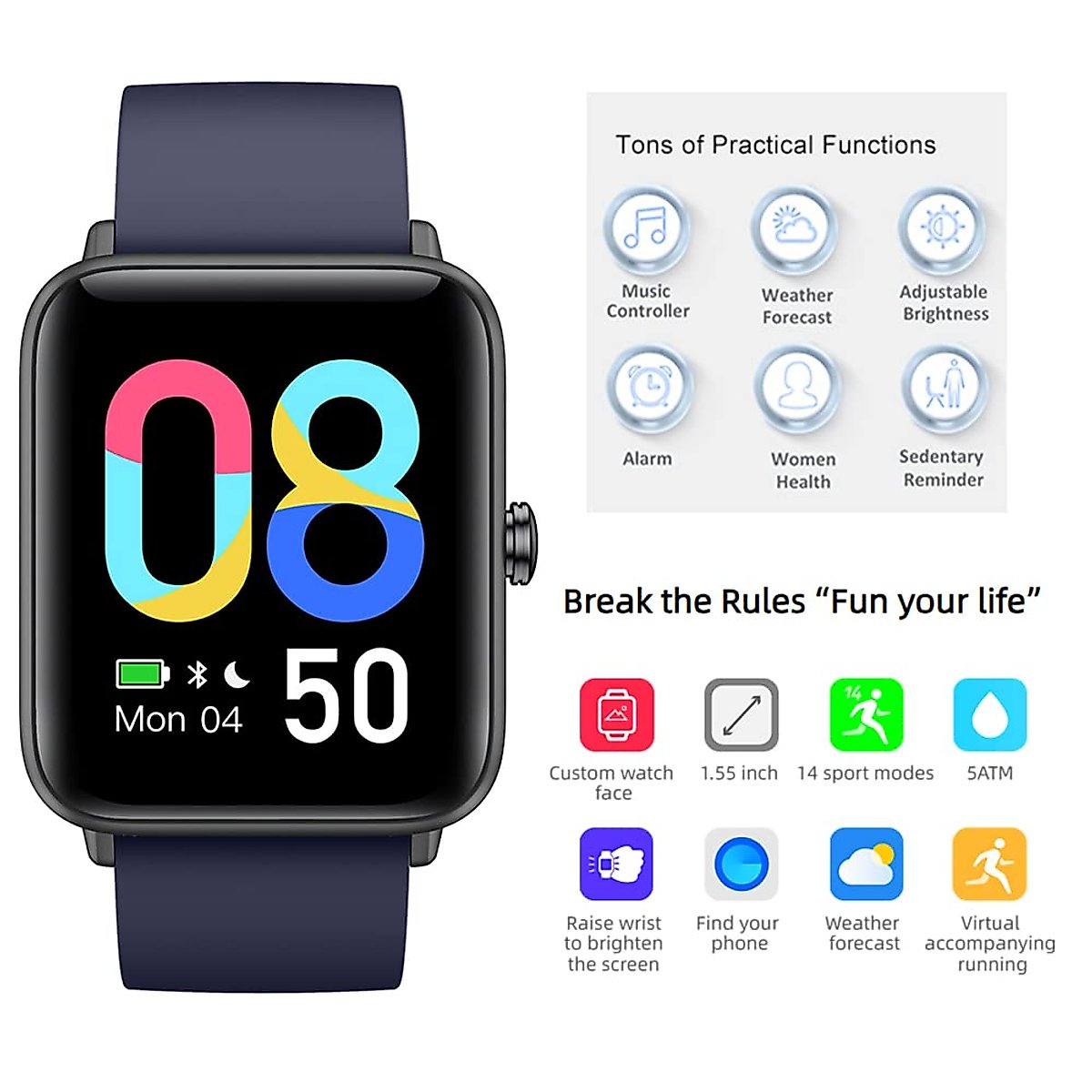 MEGIR Built-in Alexa Unisex Sports 1.55" Touch Screen Smart Watch Fitness Tracker/Heart Rate/Sleep Monitor/Sleep Monitor/SpO2 Pedometer with Blue Silicone Strap Touch Screen for Android iOS System