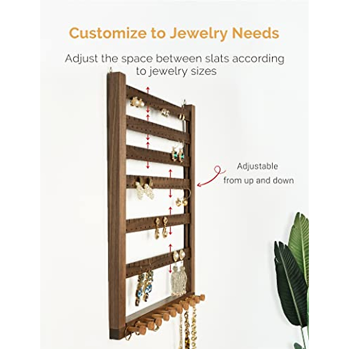 Mymazn Easy Assemble Solid Walnut Wood Earring Wall Holder Hanging Jewelry Organizer Necklace Holder Earring Hanger Wall Mount Jewelry Organizer for Necklaces Rings Scruncies Organization