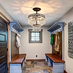 DAFKOS Modern Crystal Chandelier 3 Lights Semi Flush Mount Ceiling Light Fixture Black Farmhouse ceiling lamp for Bedroom Living Room Dining Room Entryway Hallway